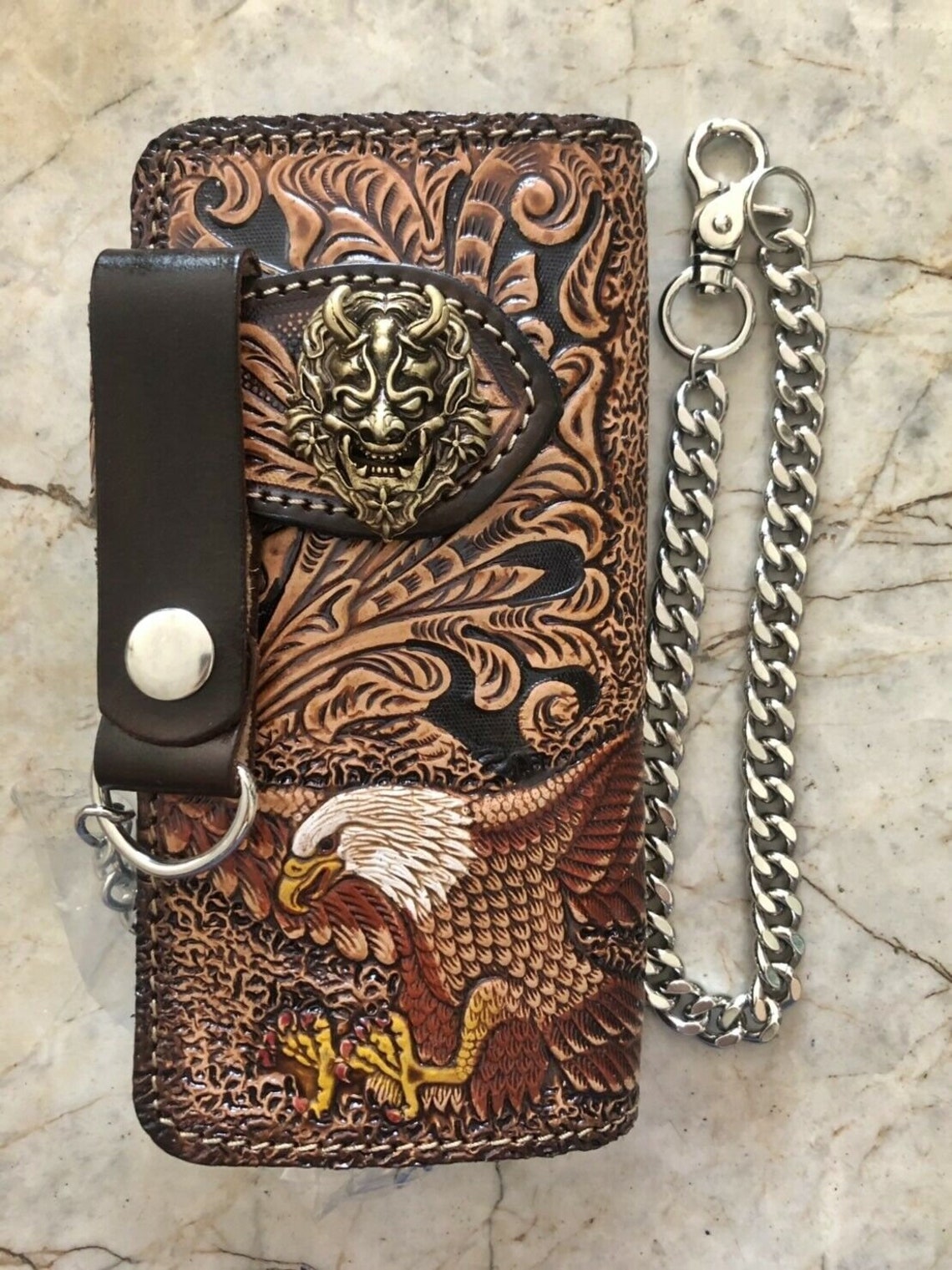 Carved Leather Biker Wallet Chain Eagle Carved Wallet Bifold Western ...
