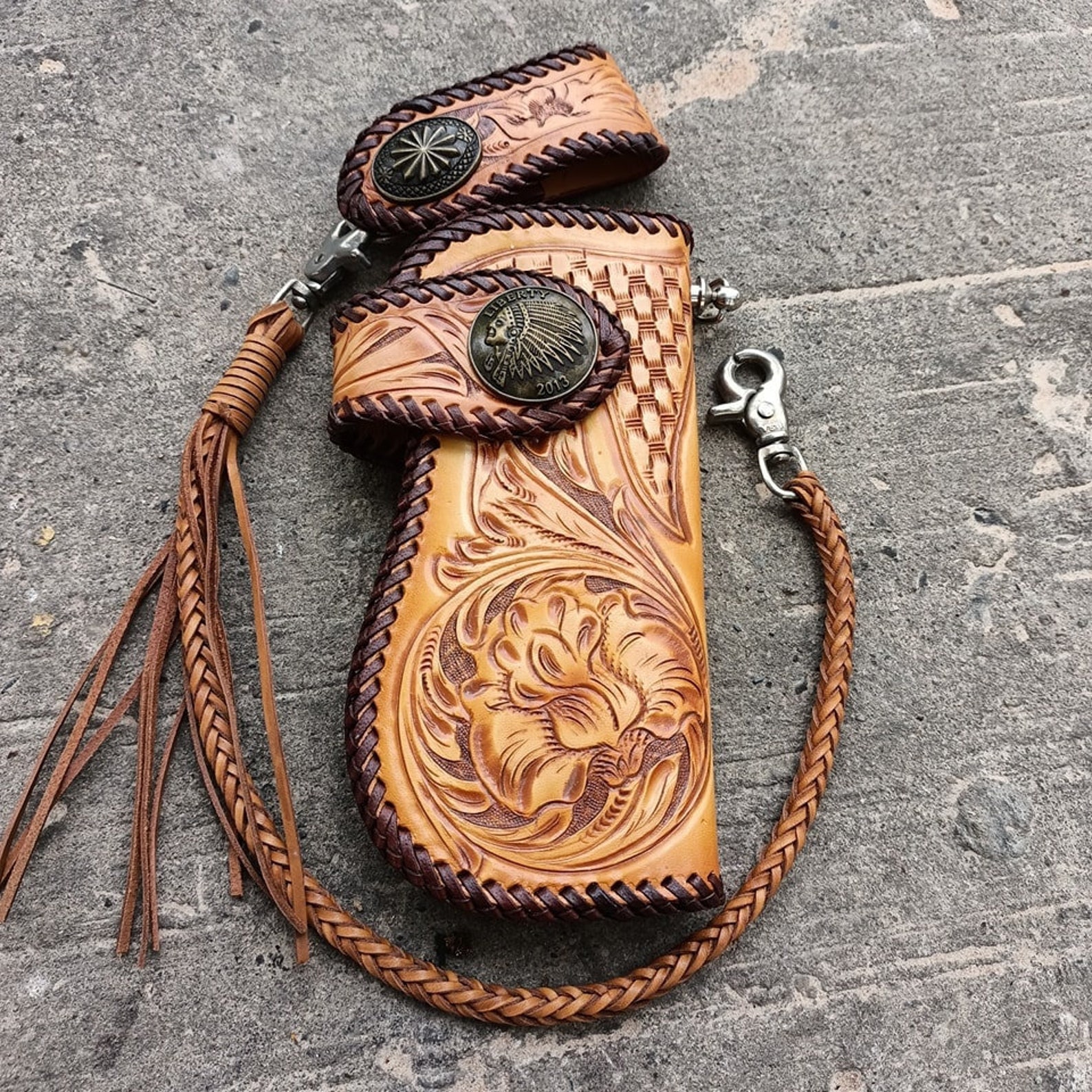 Carved Leather Handmade Leather Walltet Mens Bifold Wallet Motorcycle ...