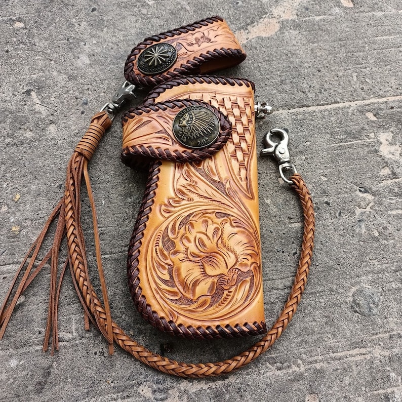 Carved Leather Handmade Leather Walltet Mens Bifold Wallet Motorcycle ...