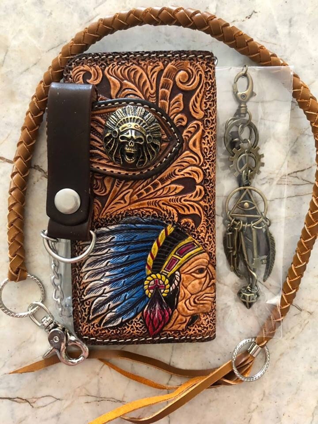 Carved Leather Mens Biker Wallet Chain Indigenous Chief Tooled Leather ...