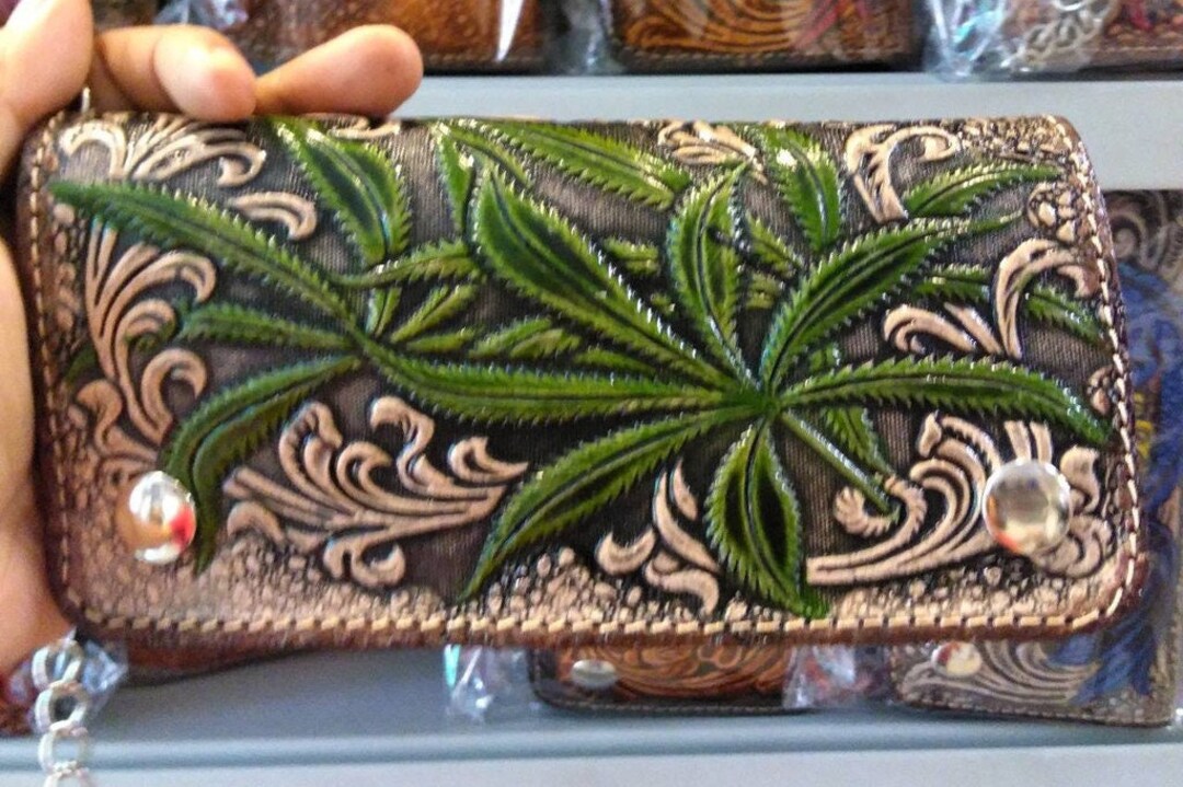Handmade Motorcycle Long Leather Biker Wallet Chain Weed Carved Wallet ...