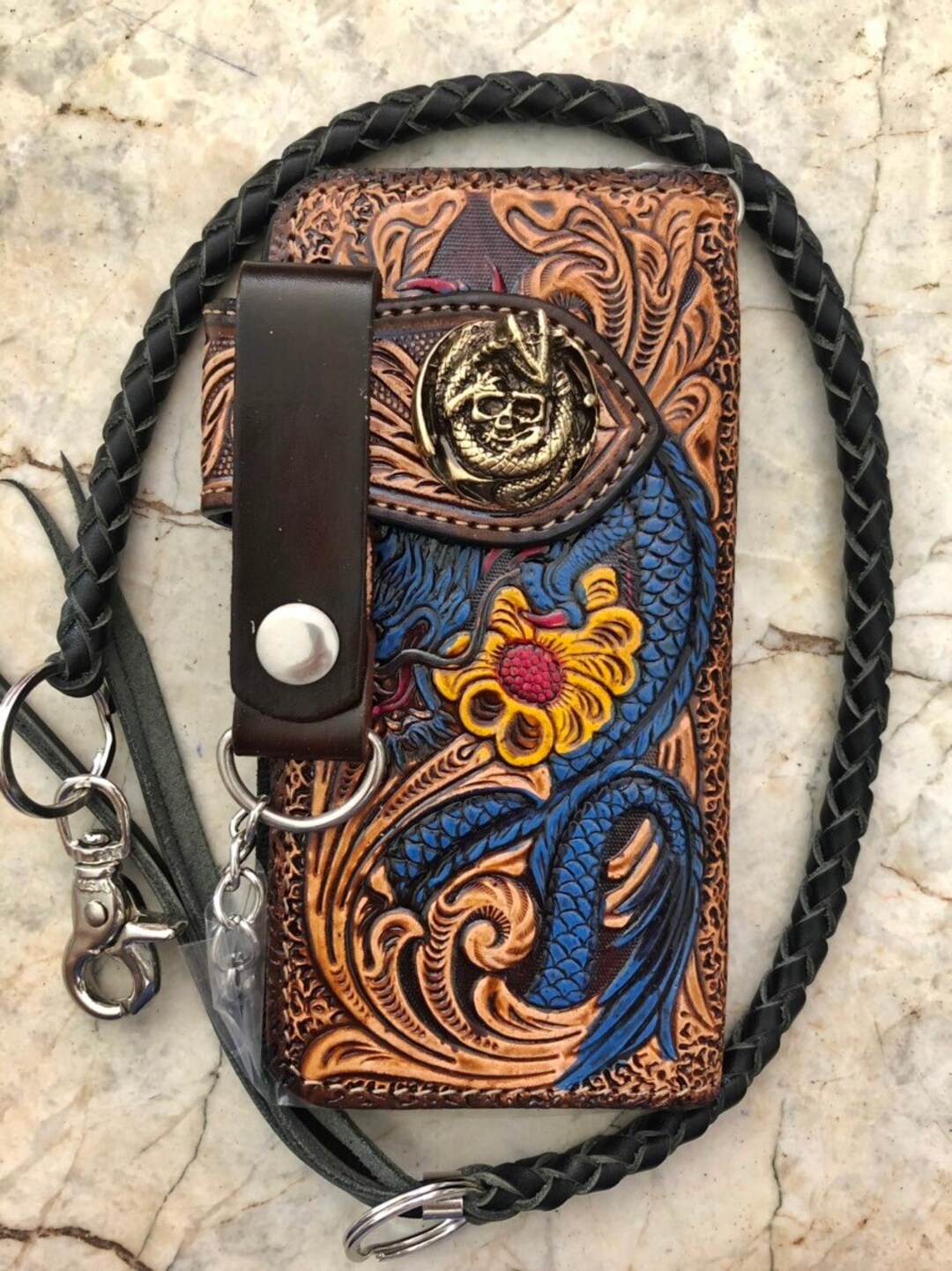 Carved Leather Mens Biker Wallet Chain Dragon Tooled Leather Bifold ...