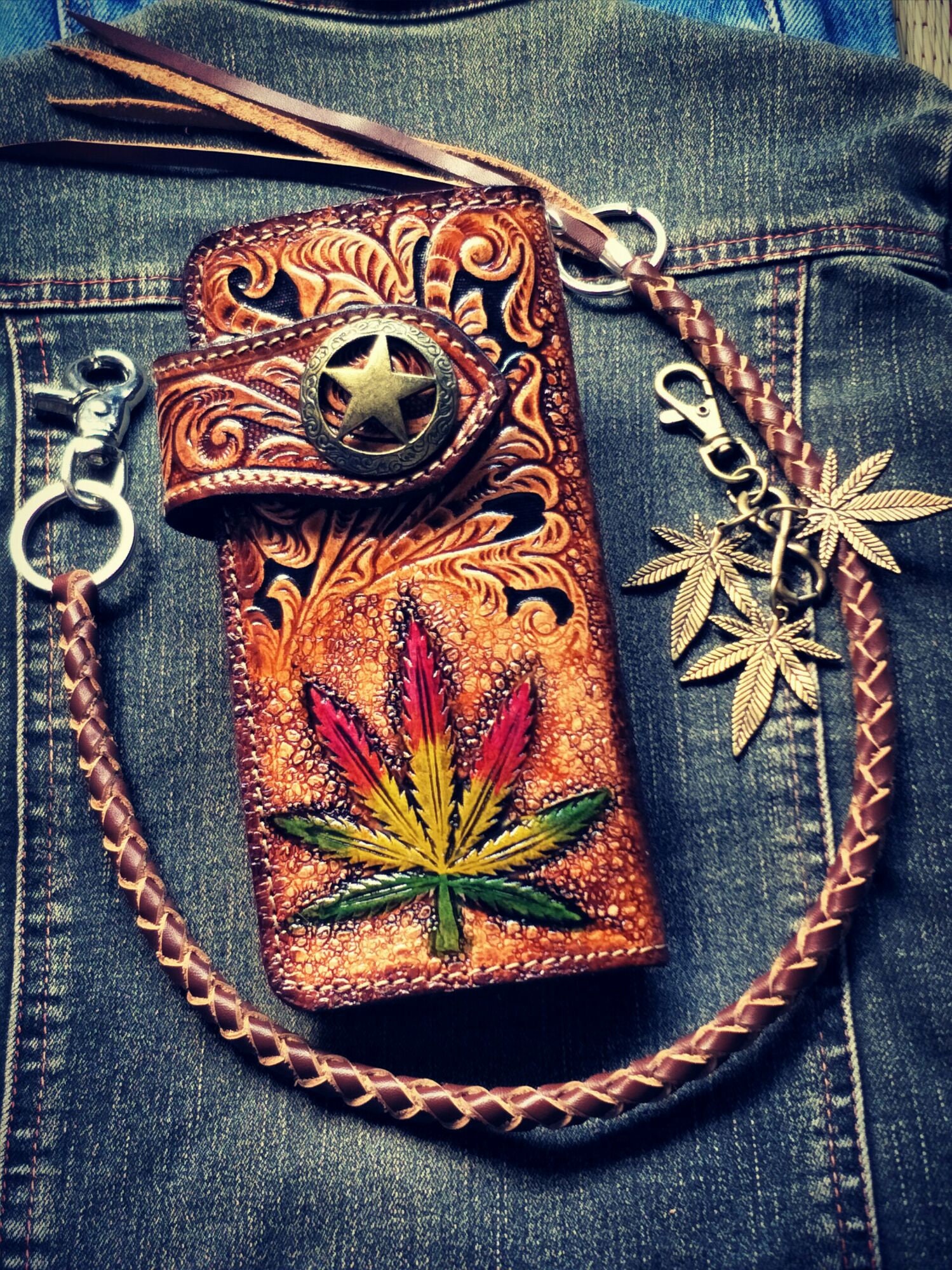 Carved Leather Biker Wallet Chain Weed Carved Wallet Bifold Western ...