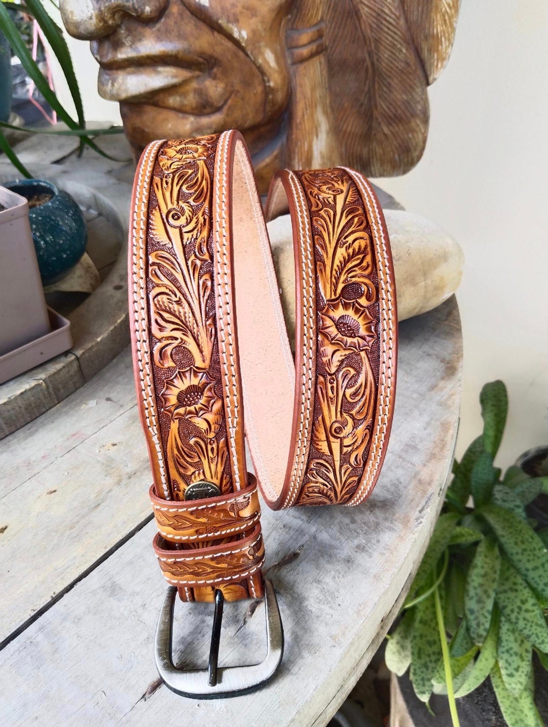 Carved Leather Belt Handmade Leather Belt for Mens Western Cowboy Belt ...
