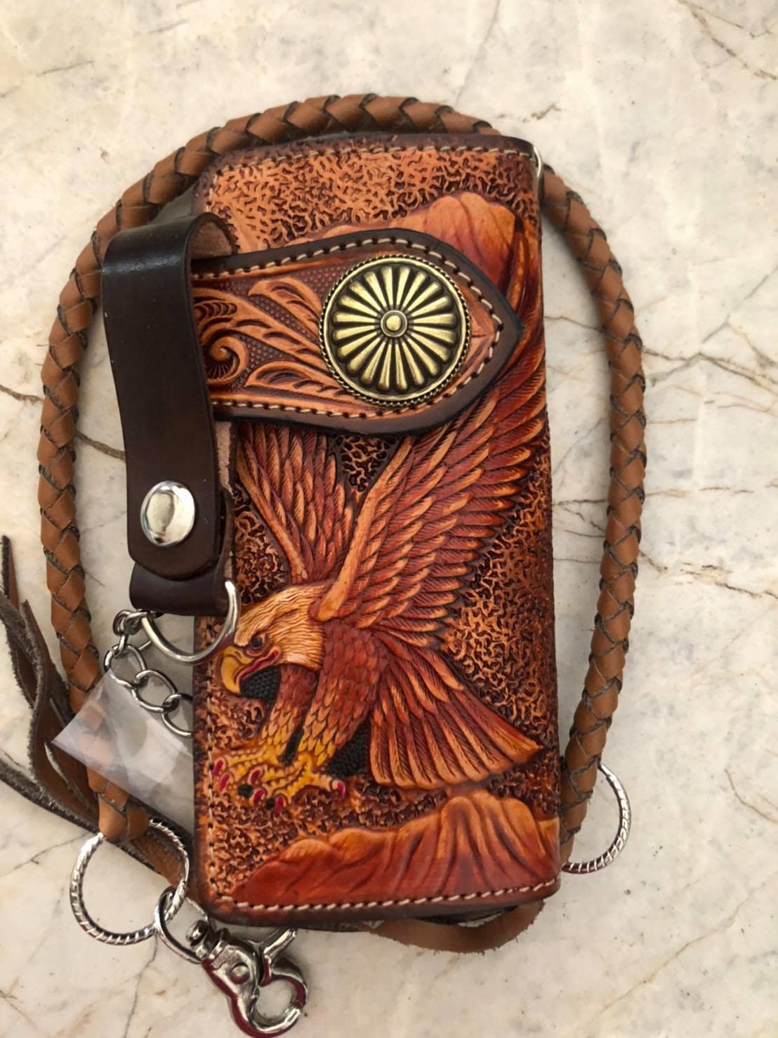 Carved Leather Mens Biker Wallet Chain Eagle Tooled Leather Bifold ...