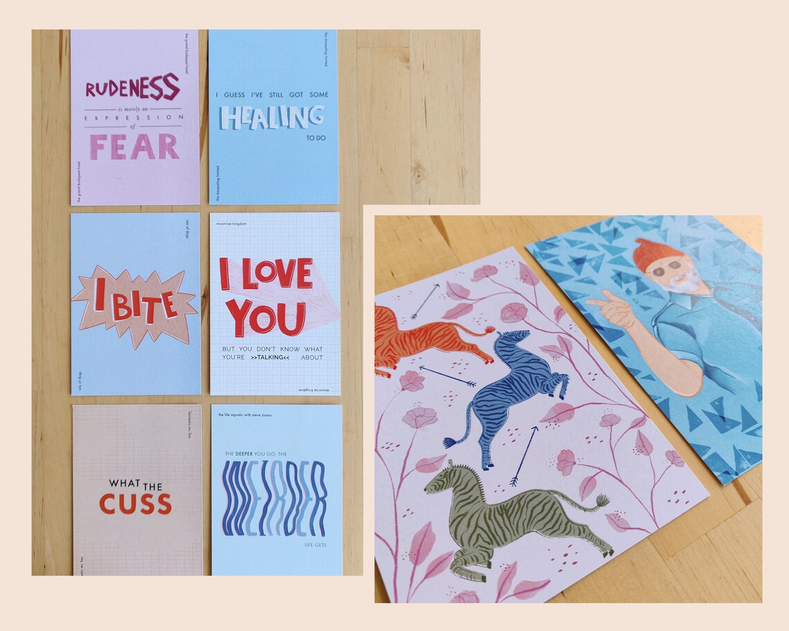 Handmade Wes Anderson Postcards Mini Prints Illustrated | Etsy