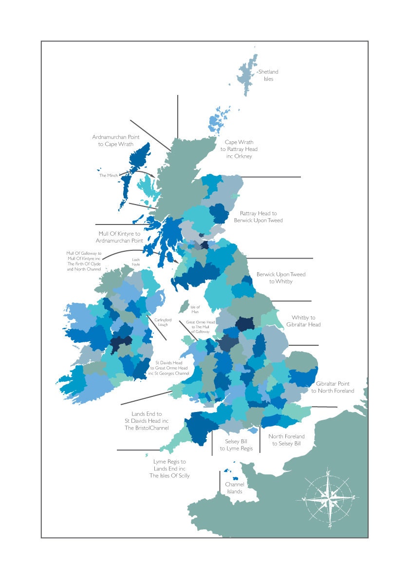 Inshore Waters UK Map Print - Illustration Hand Signed by David From ...