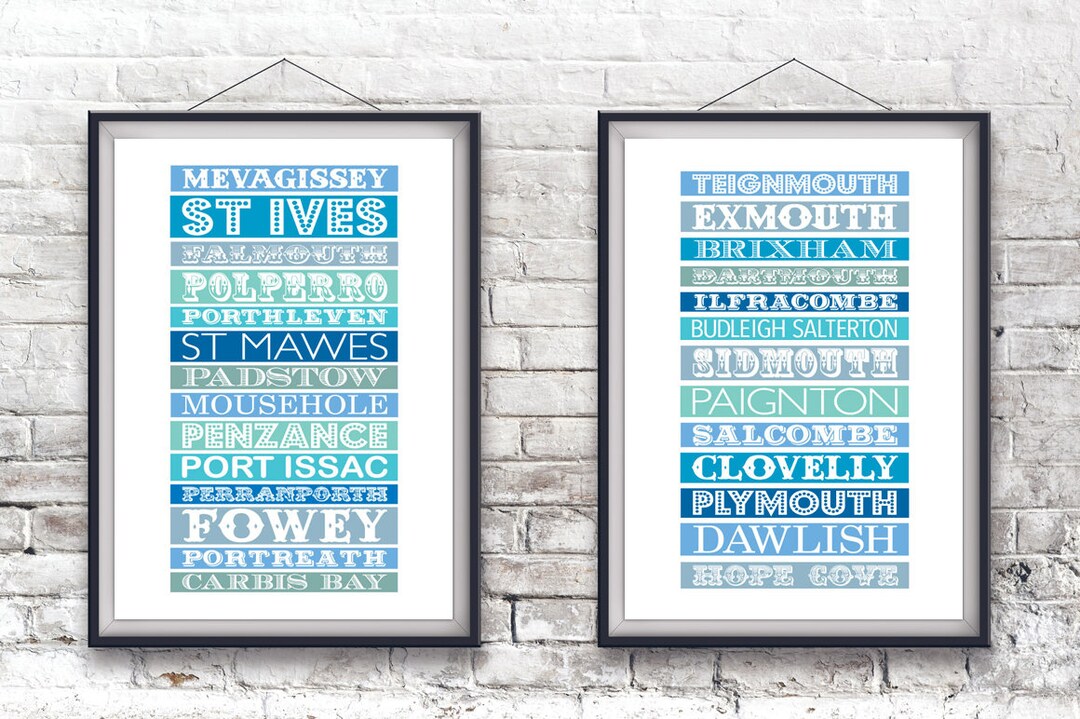 Cornwall Coastal Places - Typography Illustration Print - Etsy