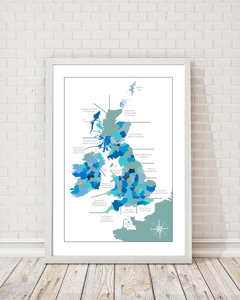 Inshore Waters UK Map Print - Illustration Hand Signed by David From ...