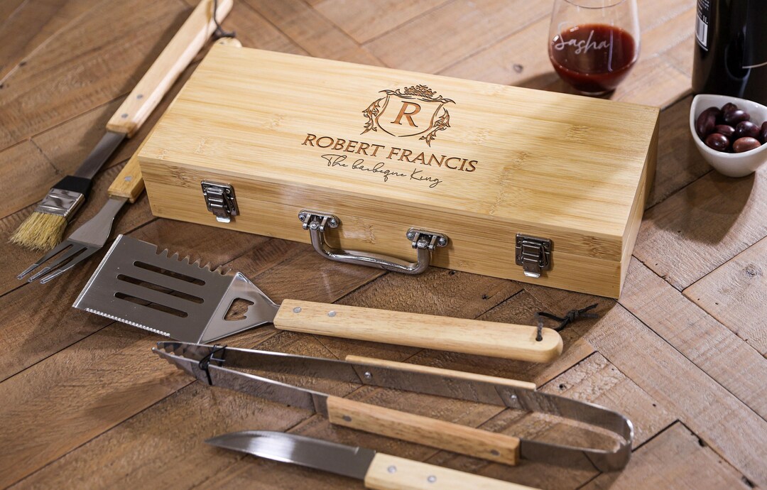 Personalized Engraved BBQ Tool Set – Custom Grill Master Kit in Bamboo ...