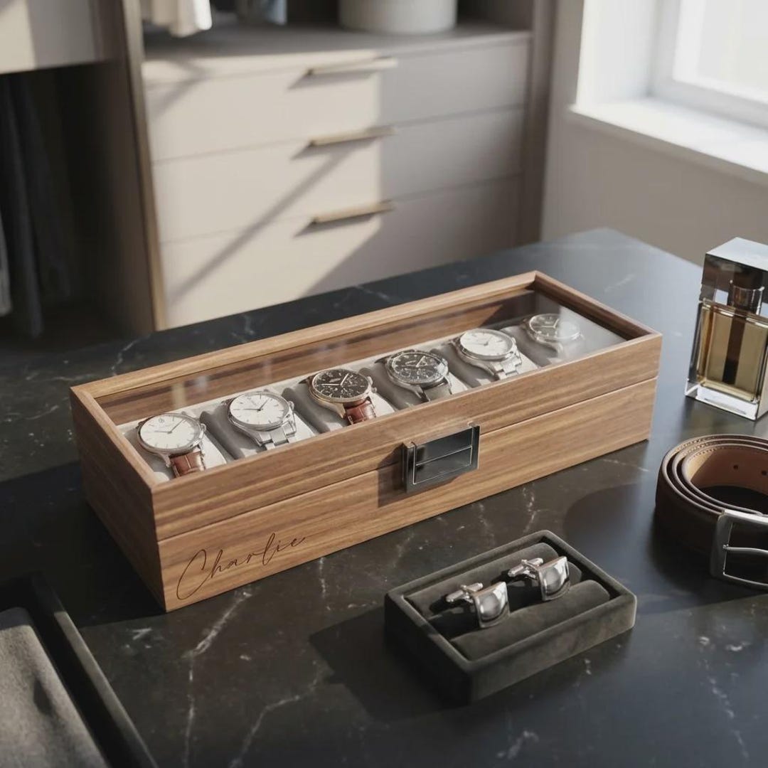 Custom Engraved Watch Box - 6-watch Veneered Walnut Case for Men ...