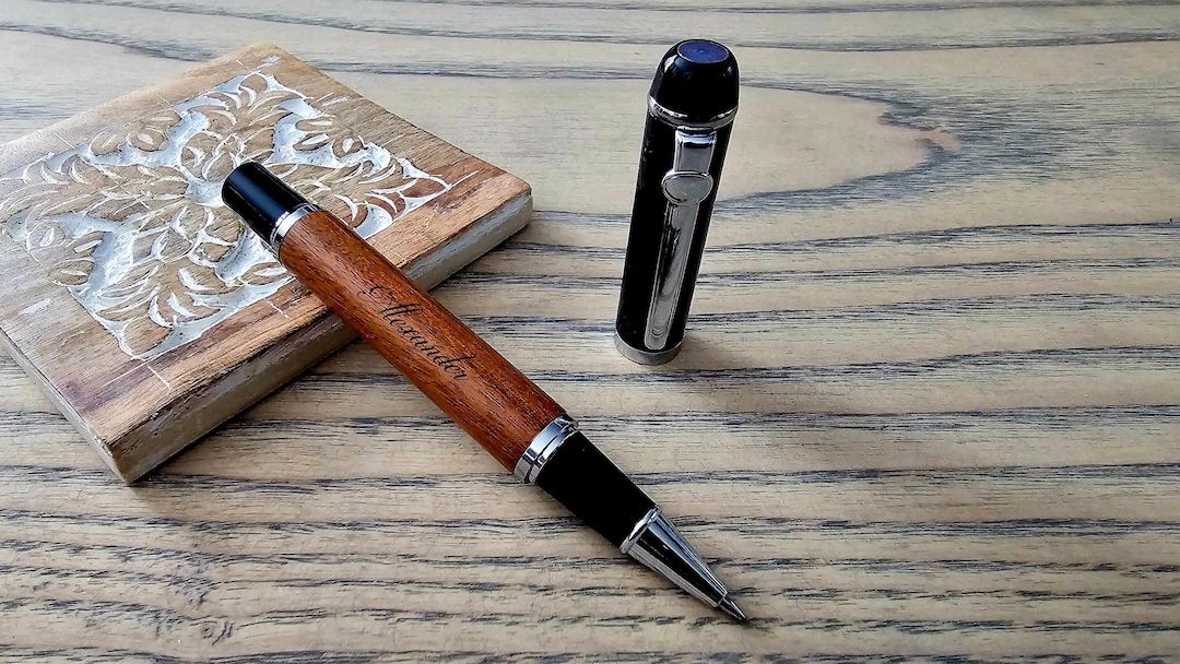 Personalized Laser Engraved Wooden Pen in Black Box Custom Fonts, Blue ...