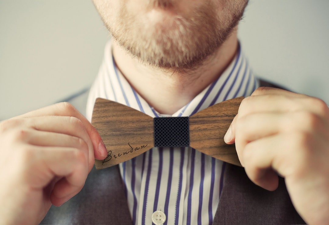 Personalized Wooden Walnut Bowtie and Cufflinks Set With Blue Fabric ...