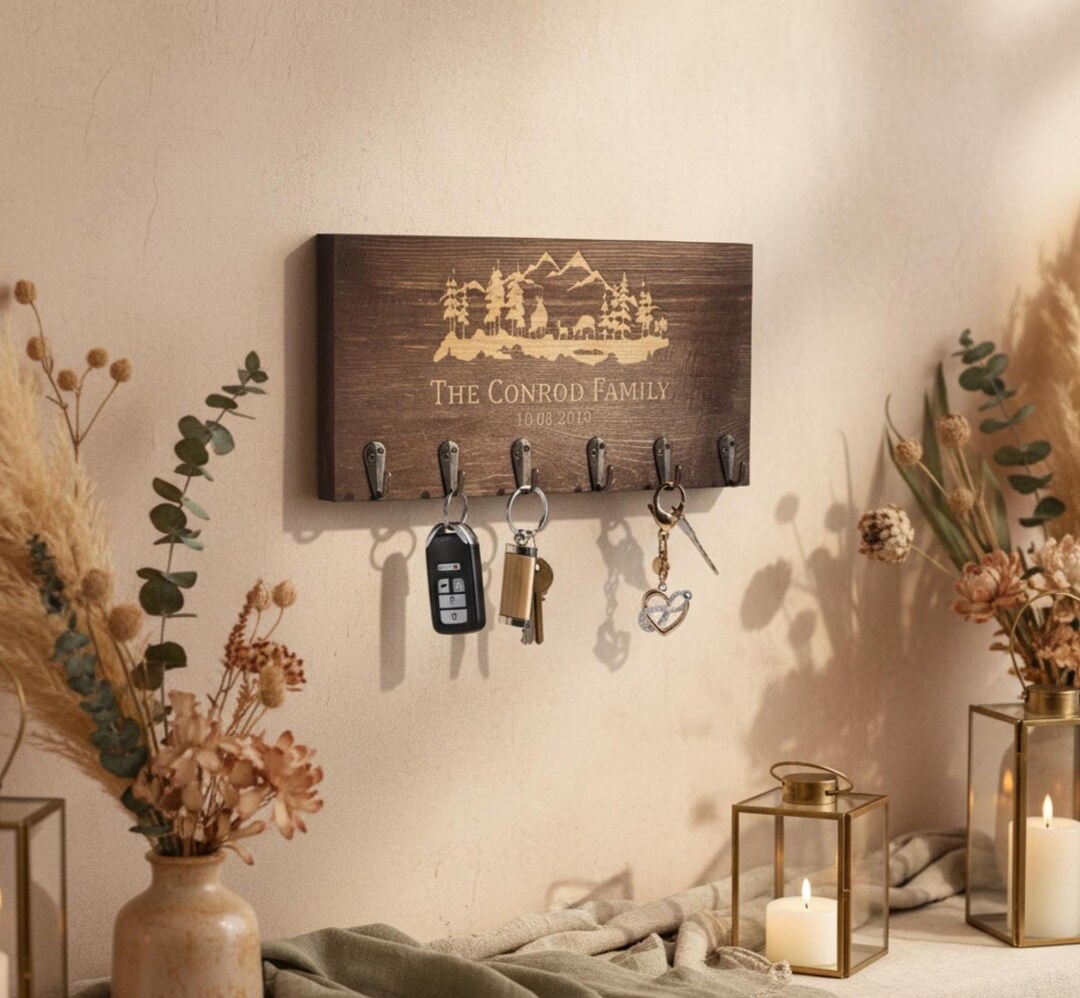 Personalized Key Holder - Moutain Scene: Custom Engraved Rustic Key ...