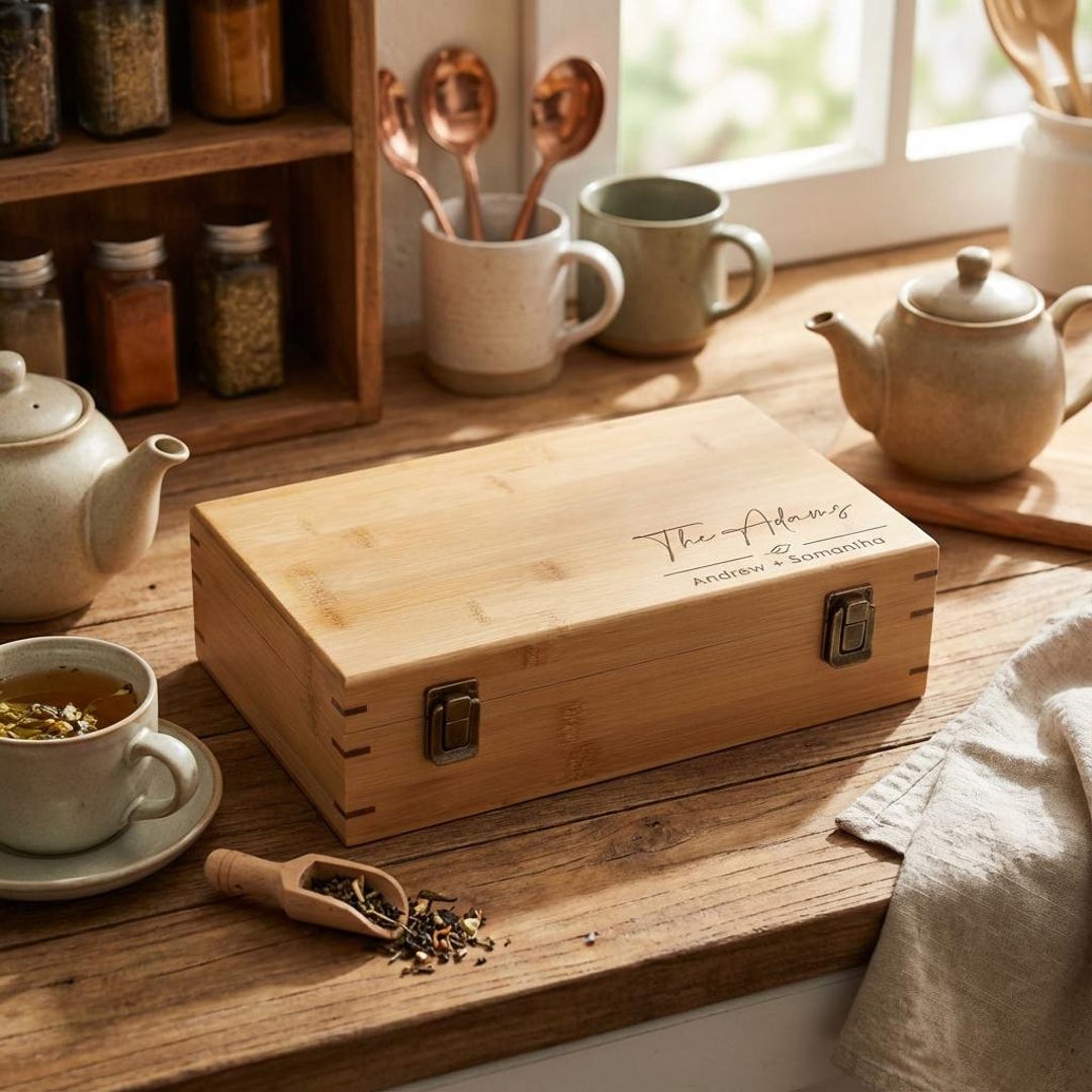Personalized Bamboo Tea Box | Custom Family Name Tea Organizer ...