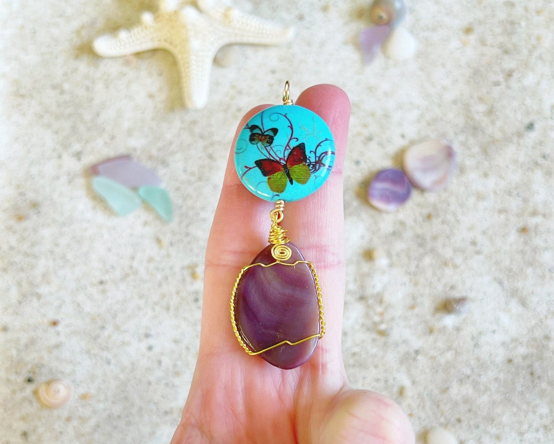 Wire Wrapped Wampum Shell Necklace With Blue Butterfly Bead - Etsy