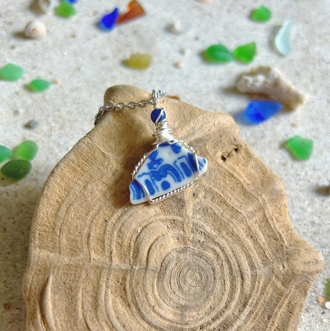 Phoenix Ware Sea Pottery Necklace Wire Wrapped in Silver Plated Wire - Etsy