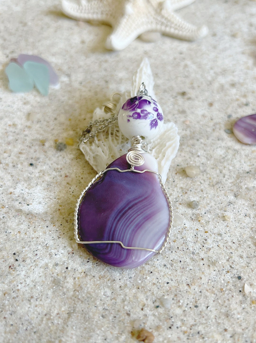 Large Wampum Shell Necklace With Purple Floral Bead - Etsy