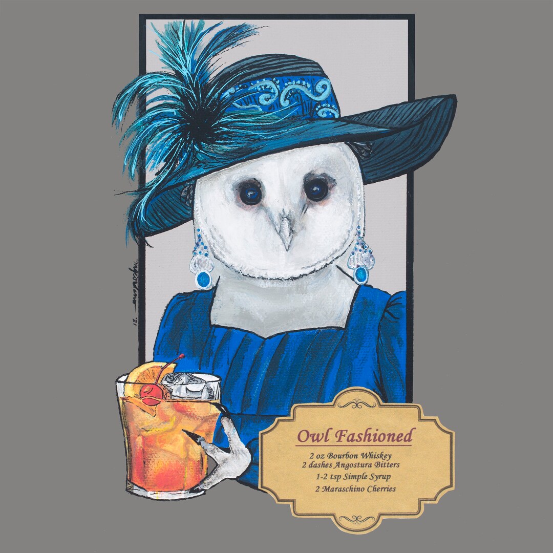 Bar Art: Cocktail Critters Art Series owl Fashioned Giclee Print - Etsy