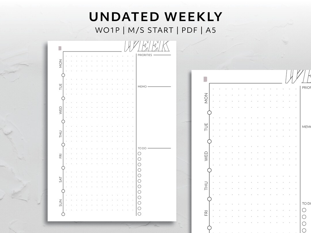 A5, Undated Horizontal Week on One Page Monday Start Sunday Start WO1P ...