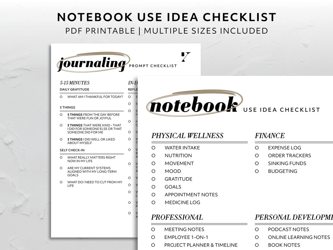 Notebook Use Idea Checklist for Planner Reference Insert Journaling ...