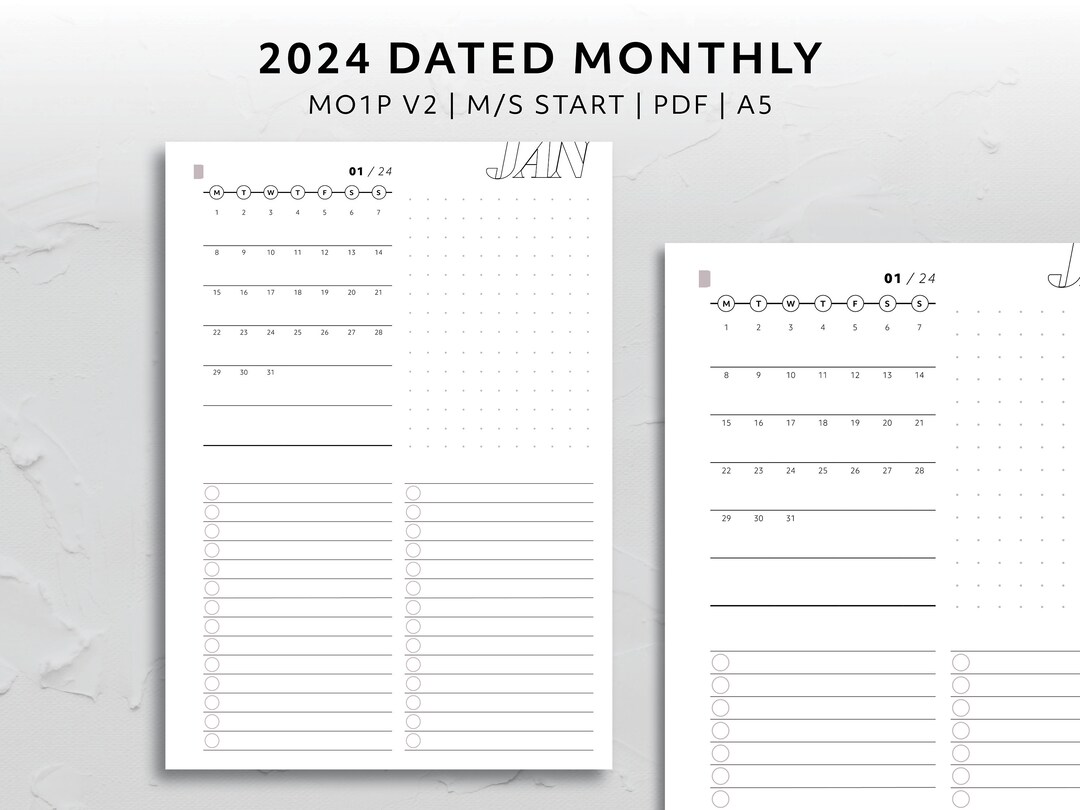 A5, 2024 Dated Month on One Page Monday Start Sunday Start MO1P ...