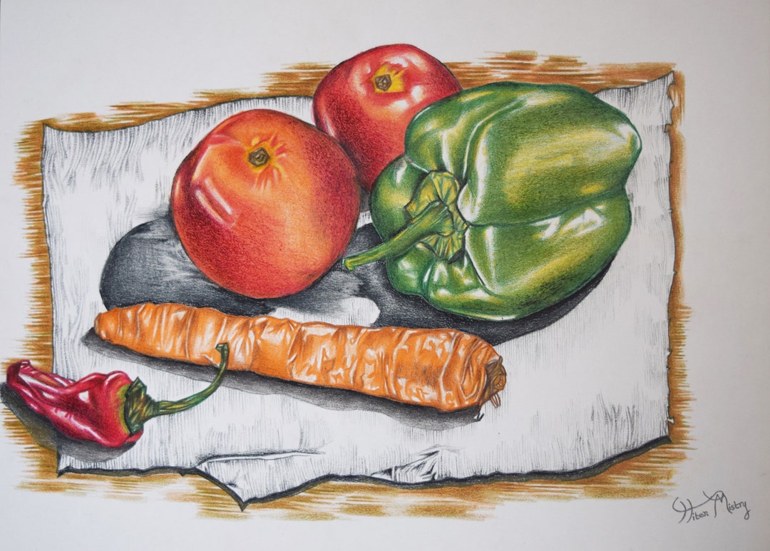 Still Life Drawing Of Fruits In Colour