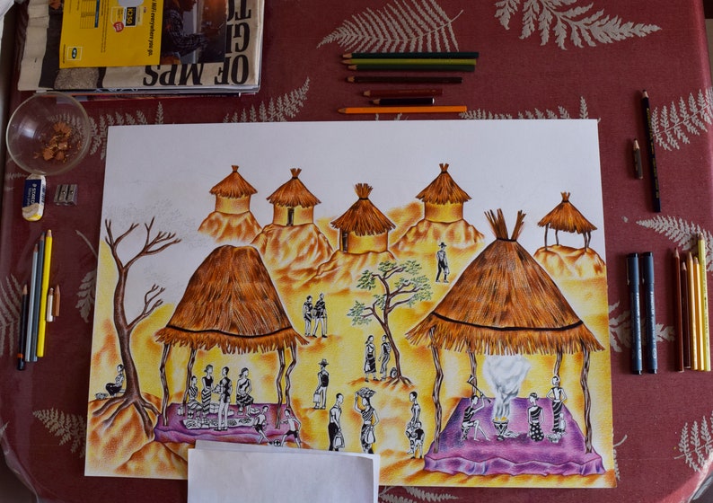 Authentic African Village Life Art | Traditional Tribal Scene Drawing ...