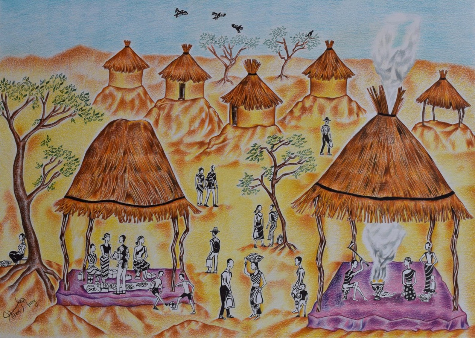 Authentic African Village Life Art | Traditional Tribal Scene Drawing ...