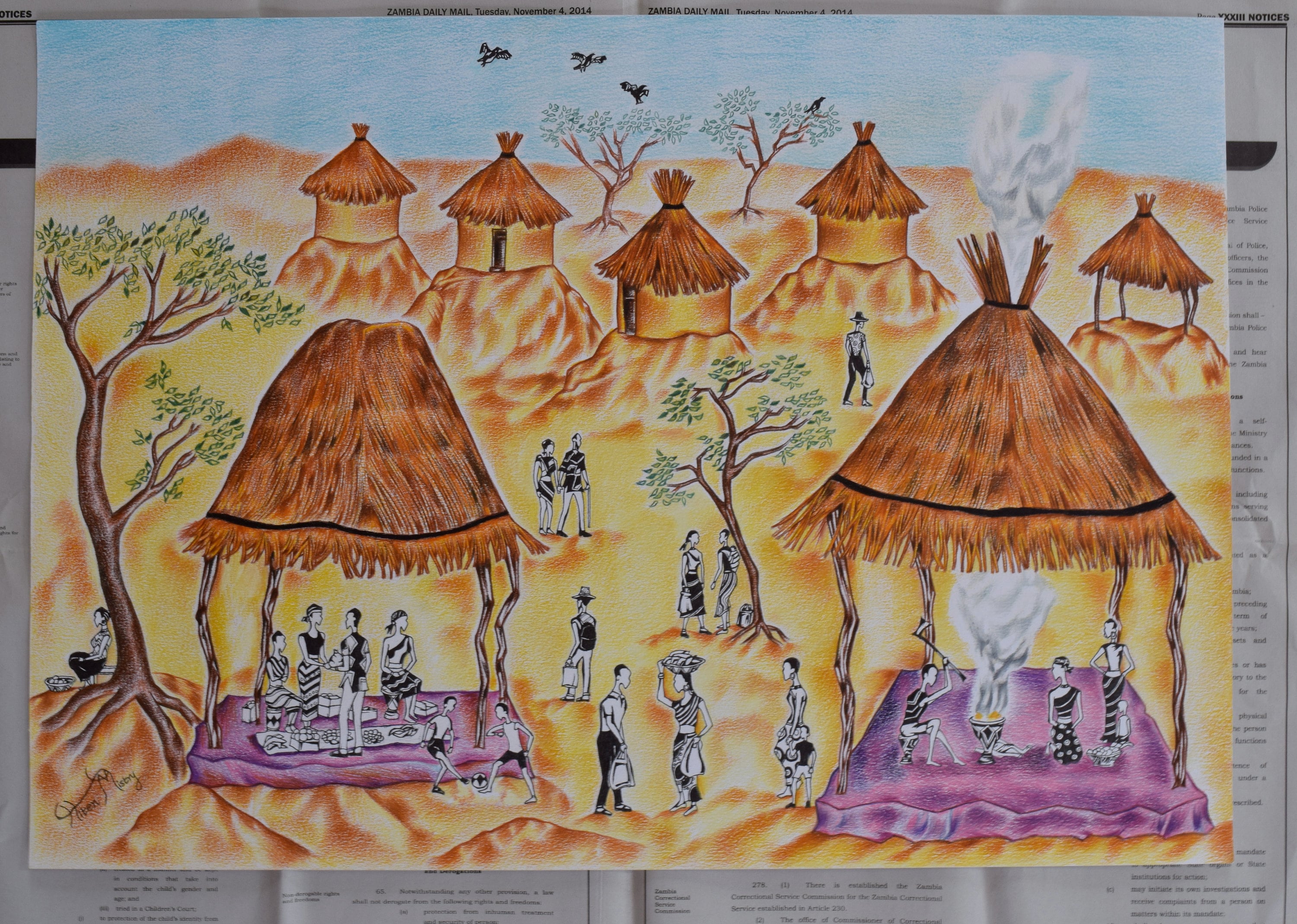 Authentic African Village Life Art | Traditional Tribal Scene Drawing ...