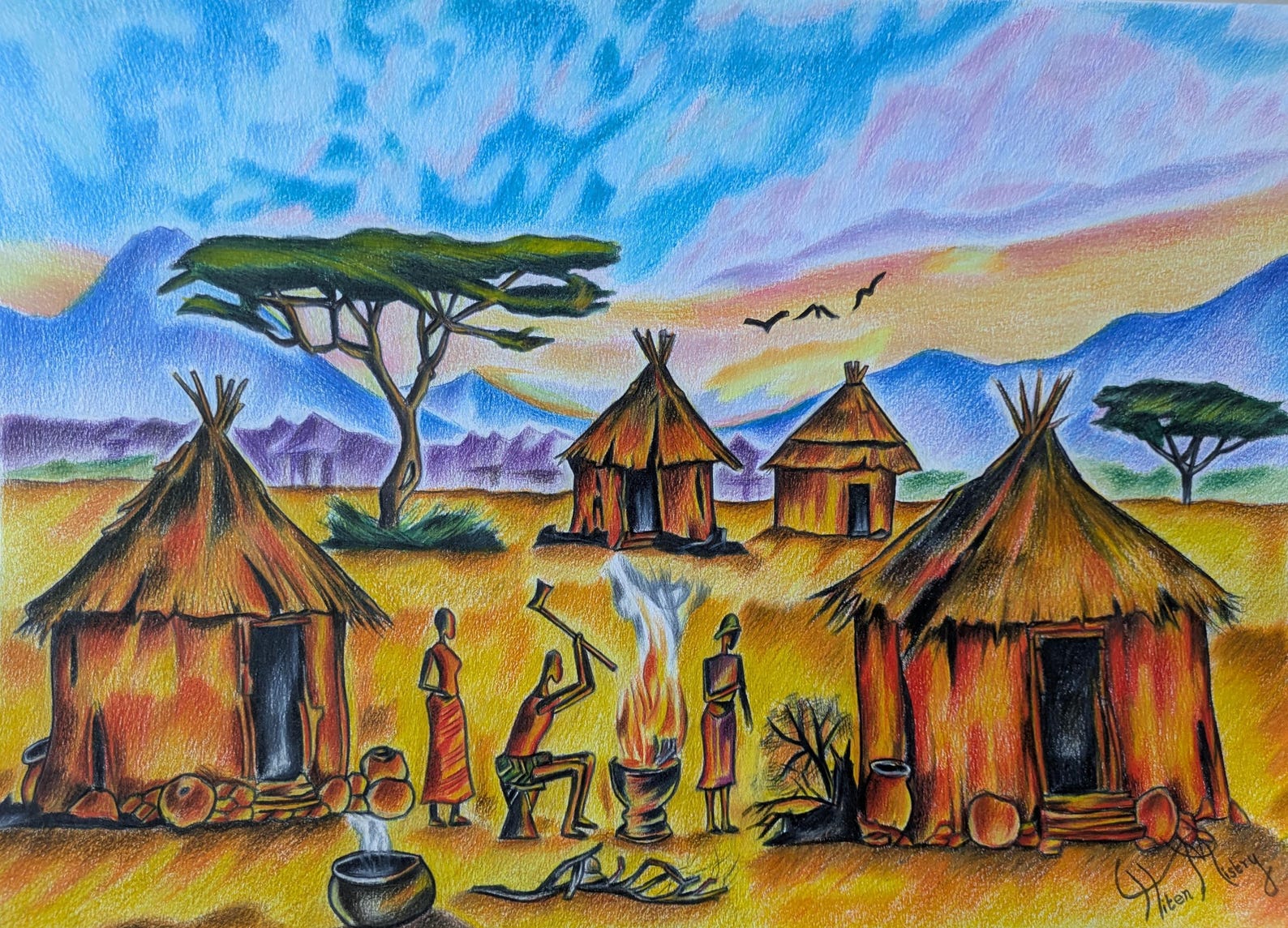 African Village Art | Tribal Life Drawing | Color Pencils Wall Decor ...