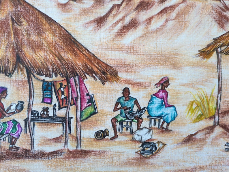 Original Zambian Village Pencil Drawing | African Tribal Wall Art ...