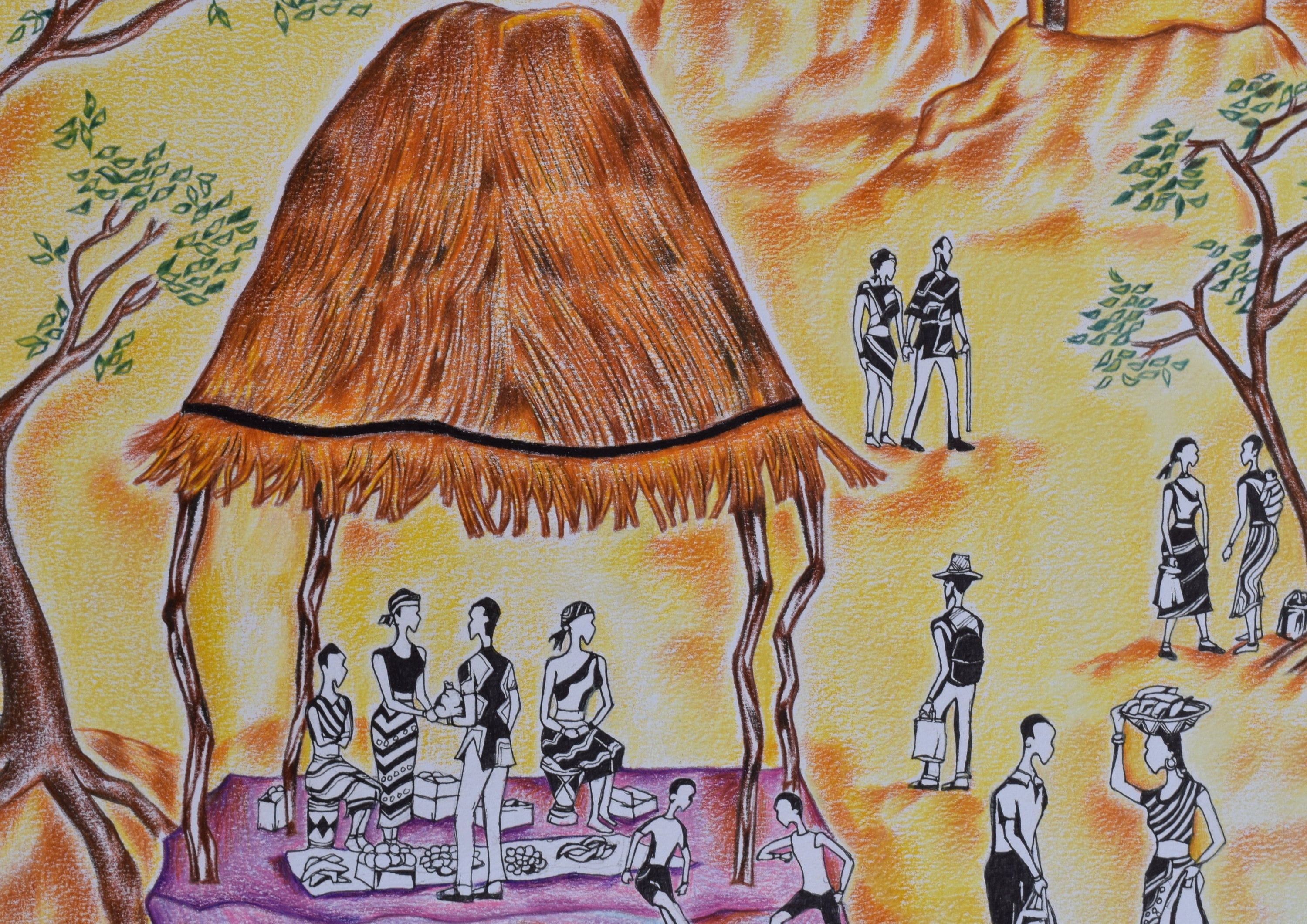 Authentic African Village Life Art Traditional Tribal Scene Drawing ...