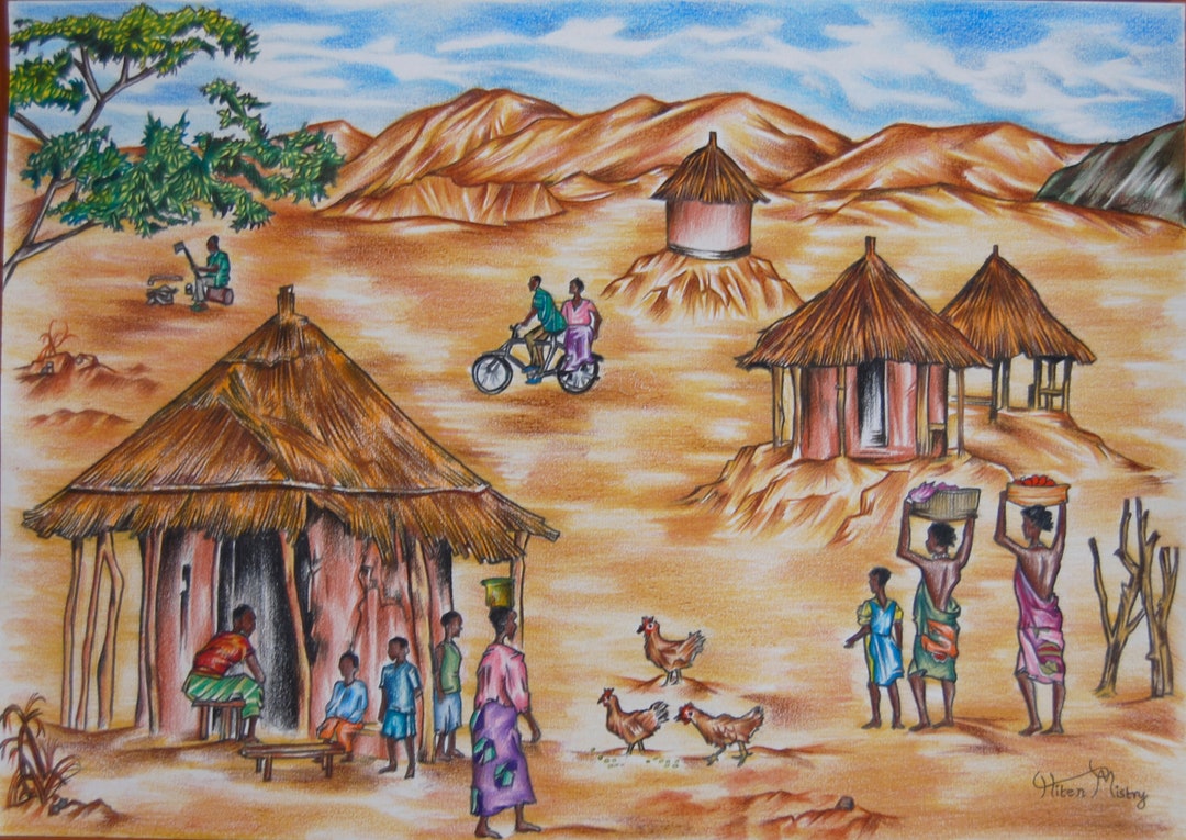 Original African Village Drawing African Village Art Village Drawing ...