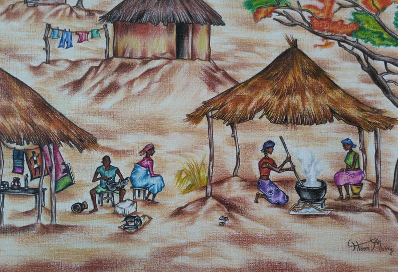 Original Zambian Village Pencil Drawing | African Tribal Wall Art ...