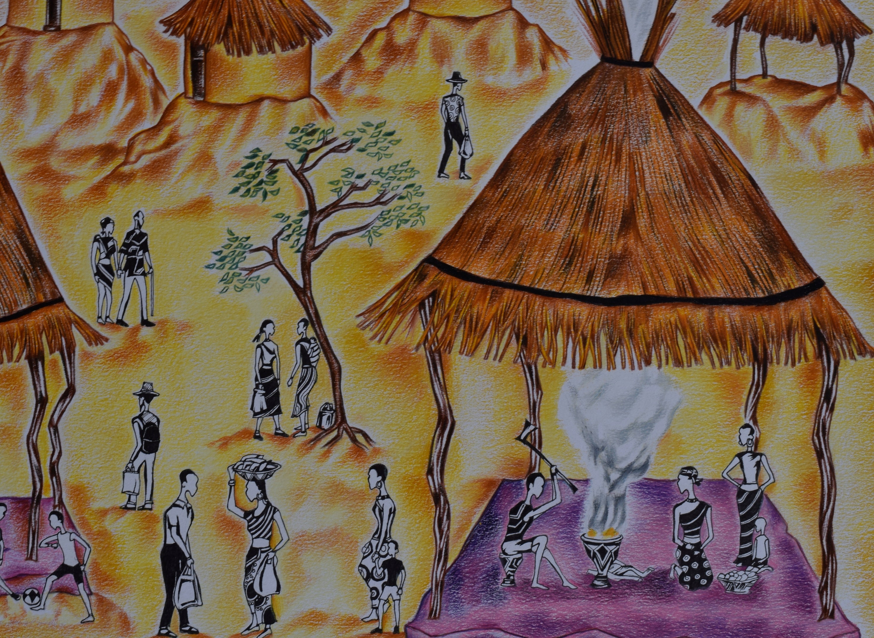 Authentic African Village Life Art Traditional Tribal Scene Drawing ...