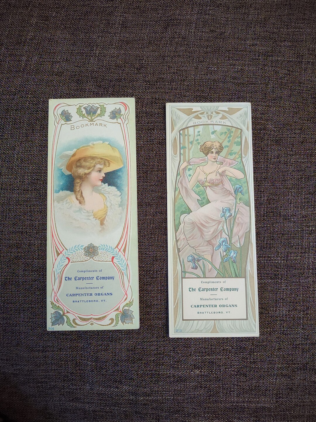 Antique Bookmark Compliments of the Carpenter Organ Company Brattleboro ...