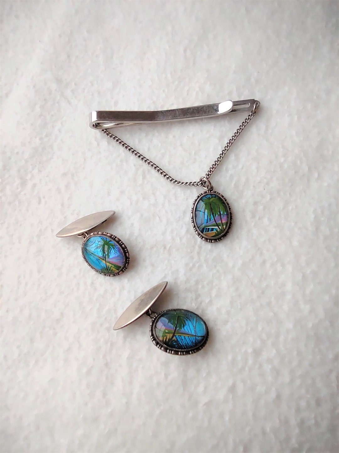 Antique Sterling Butterfly Wing Glass England Tie Clip and Matching ...
