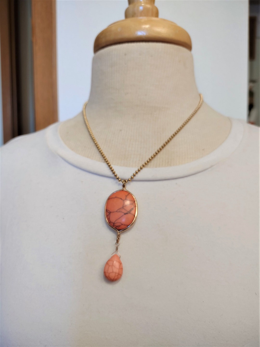 Kenneth Cole Gold Tone Pendant Necklace: Coral Colored Stones, 90s ...