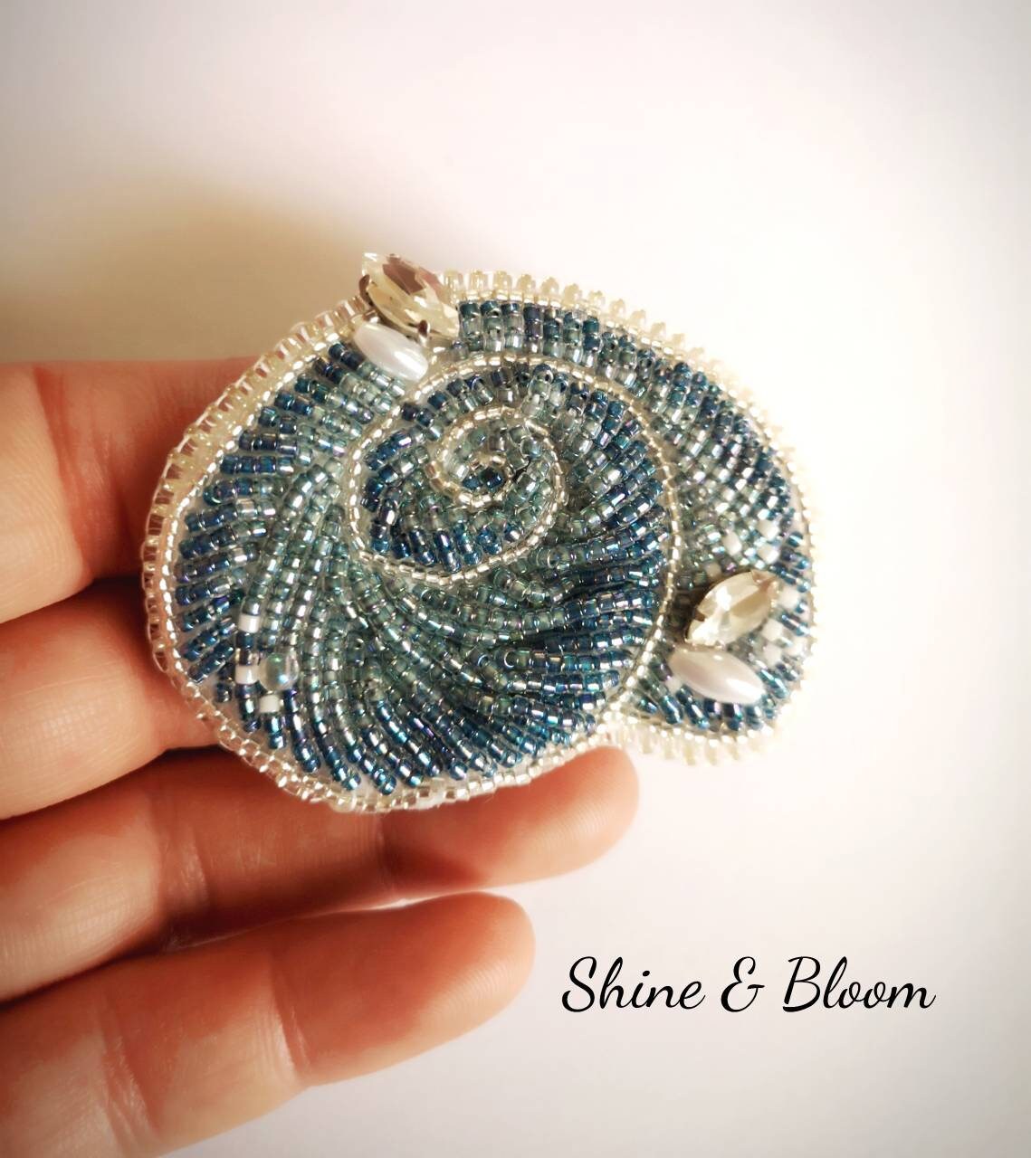 Bead Embroidered Blue Seashell Brooch - Etsy