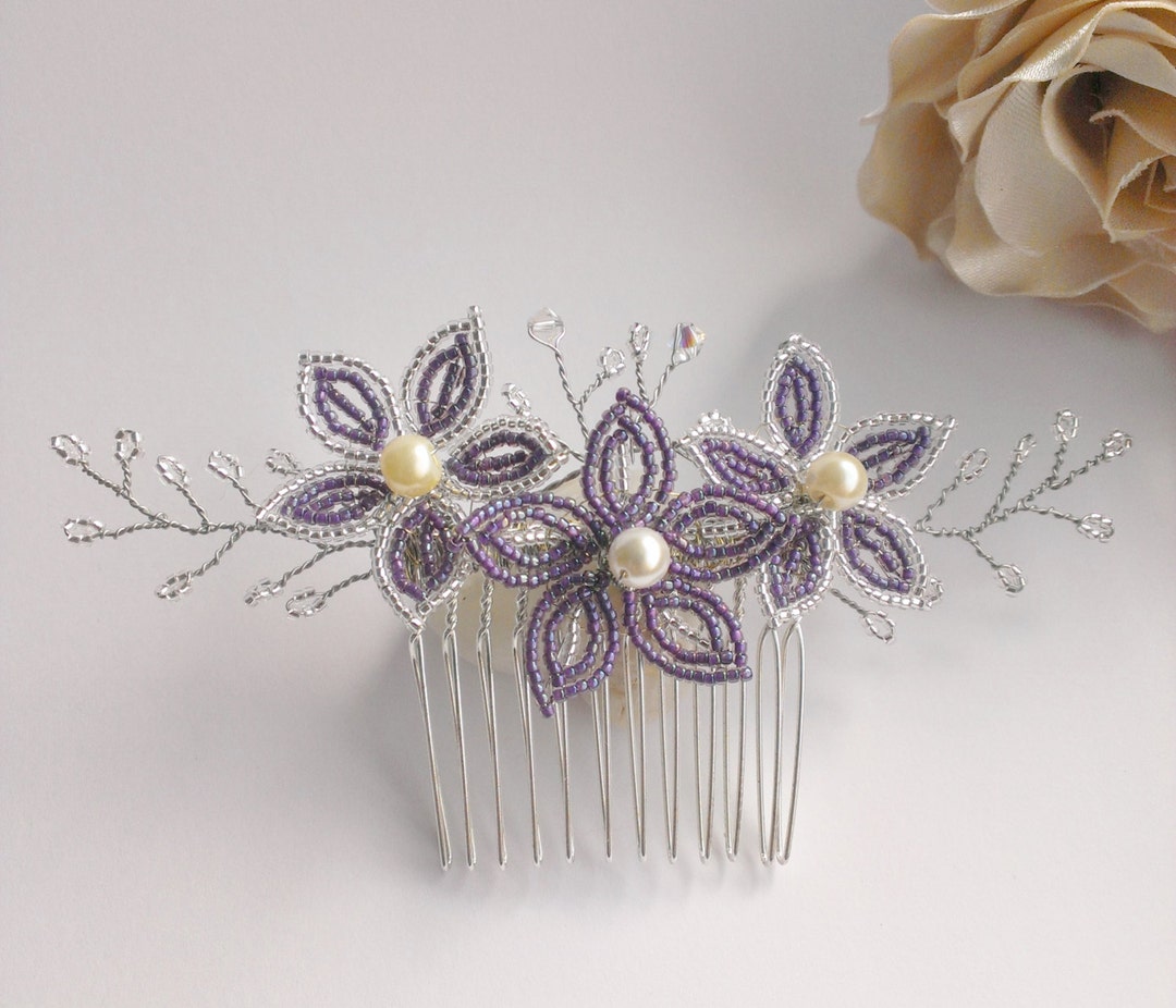 Purple Flower Hair Comb With Crystal Spray, Beaded Flower Hair Comb ...
