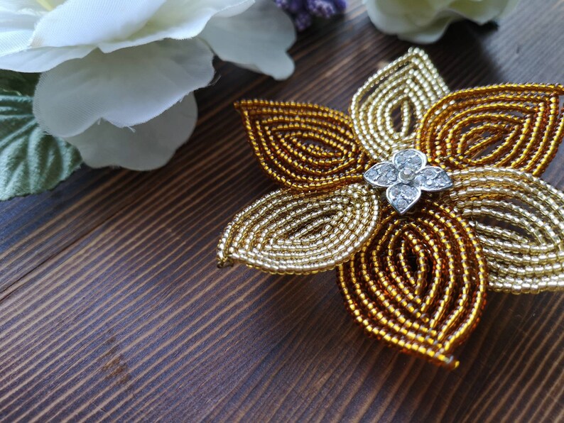 Large Gold Beaded Flower Hair Clip Brooch: Autumn Headpiece - Etsy