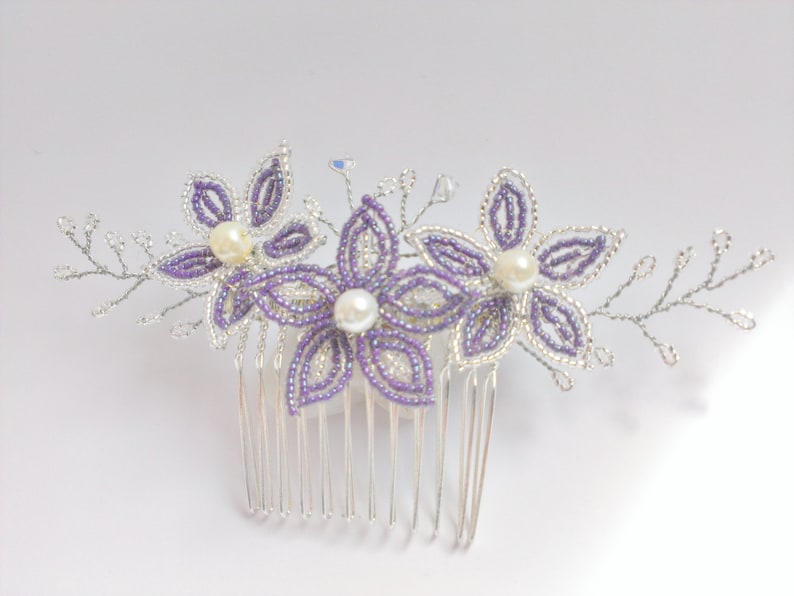 Purple Flower Hair Comb With Crystal Spray Beaded Flower Hair - Etsy