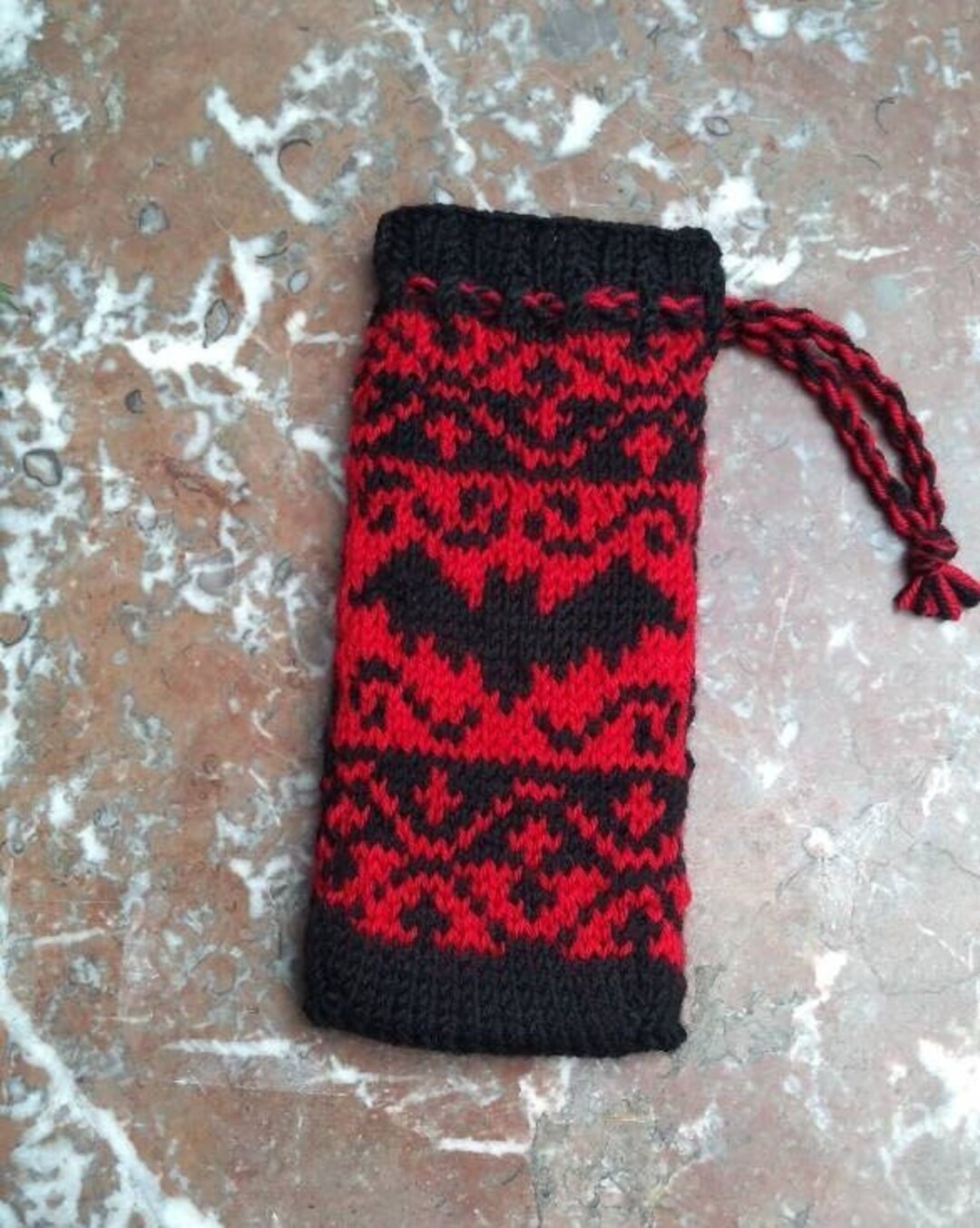 Black and Red Bat Phone Sock, Fair Isle Pattern Phone Sock, Merino Wool ...