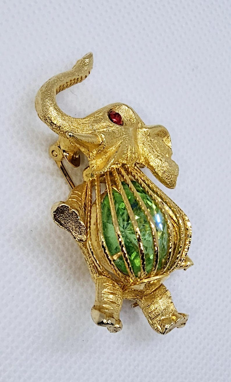 Joseph Warner Belly Elephant Green Rhinestone Pin Brooch Whimsical ...