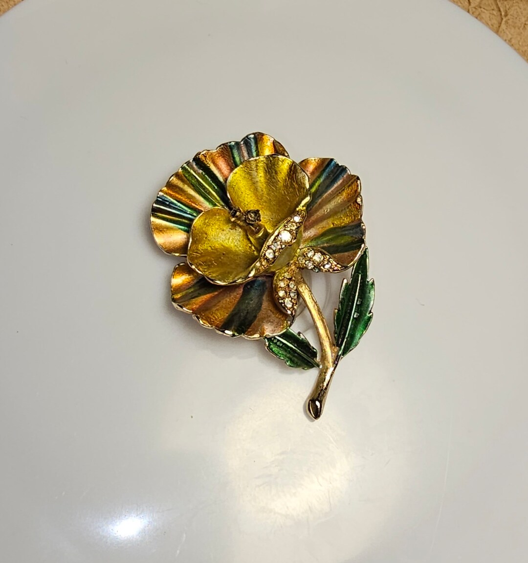 Orchid Yellow & Green Enamel Painted Pin Brooch Vintage Jewelry Gift ...