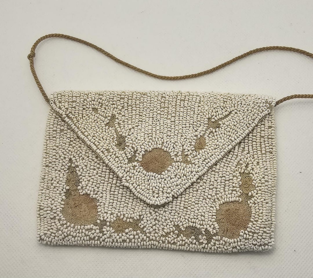 1920s White / Gold Beaded Change Pouch Purse Delicate Boho Style ...