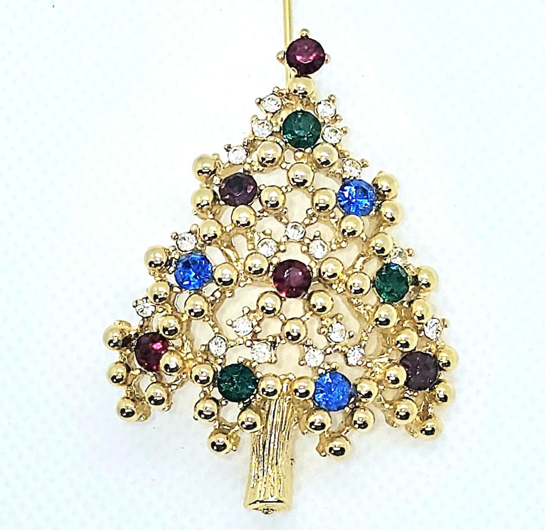 Eisenberg Christmas Tree Multi Colored Rhinestone Gold Tone Pin Brooch ...