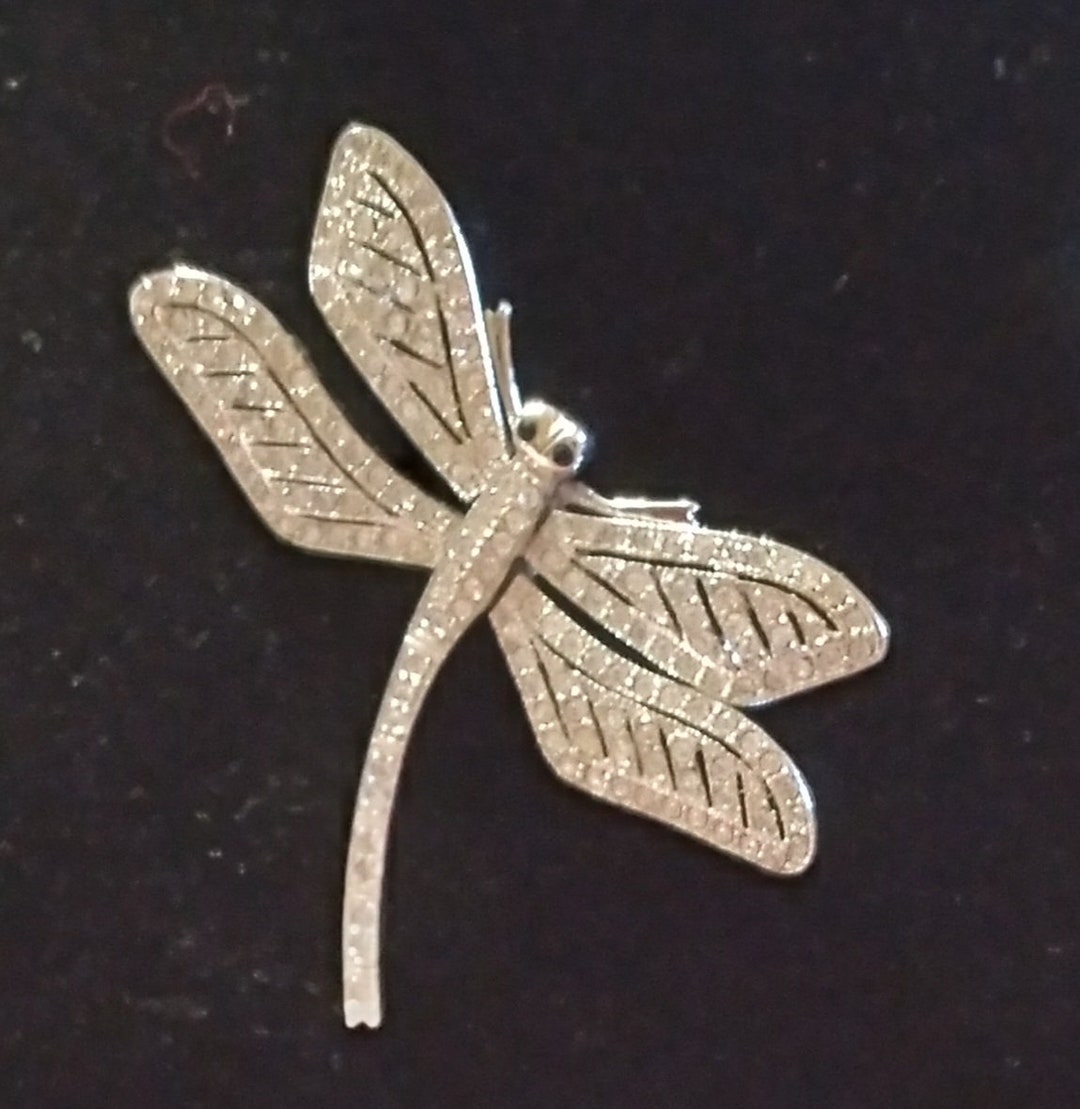 Rhinestone Dragonfly Articulated Fluttering Silver Tone Pin Brooch ...
