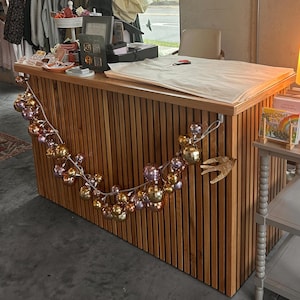 Vertical Oak Wood Slats Counter, Wood Retail Counter With One Shelf ...